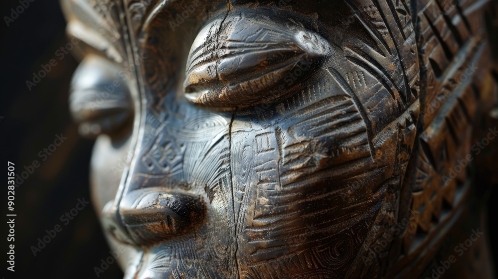 The sculpture features detailed carvings and expressive facial features ...