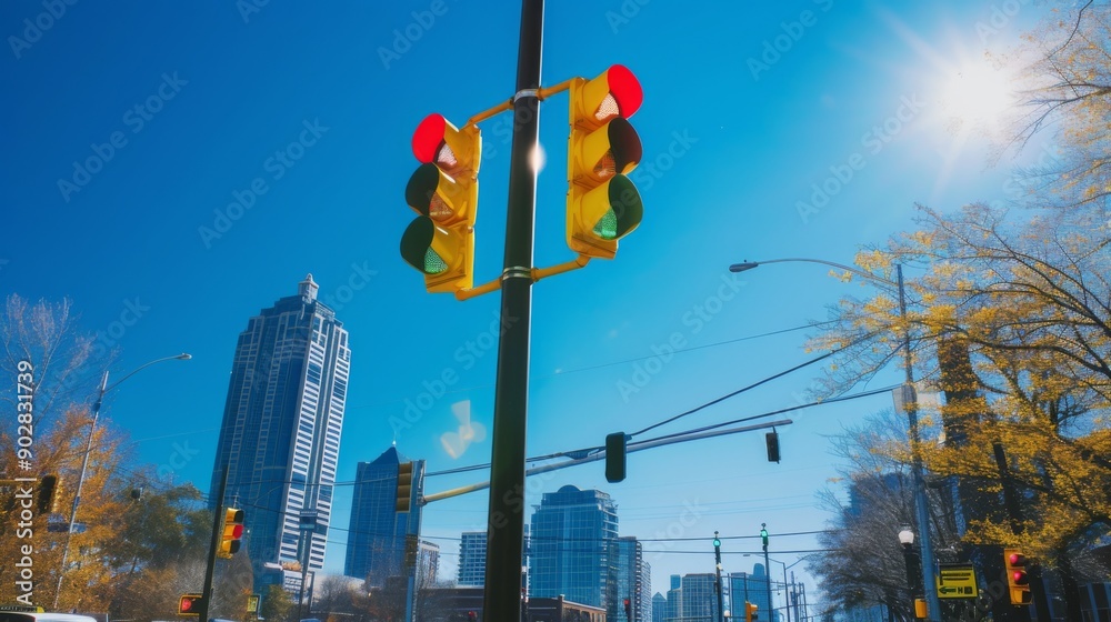 Traffic lights at an intersection, with a clear blue sky and city ...
