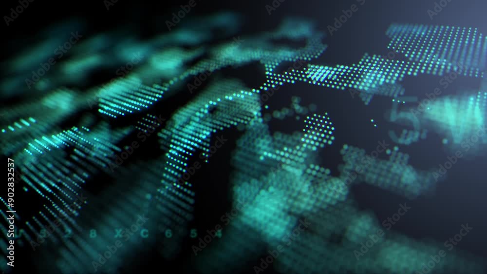 Green digital background. Fluorescent map of the world. Neon dot ...