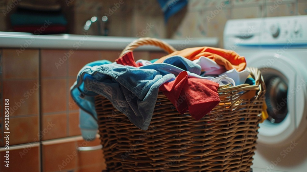 Overflowing laundry basket in a tiled bathroom, filled with colorful ...