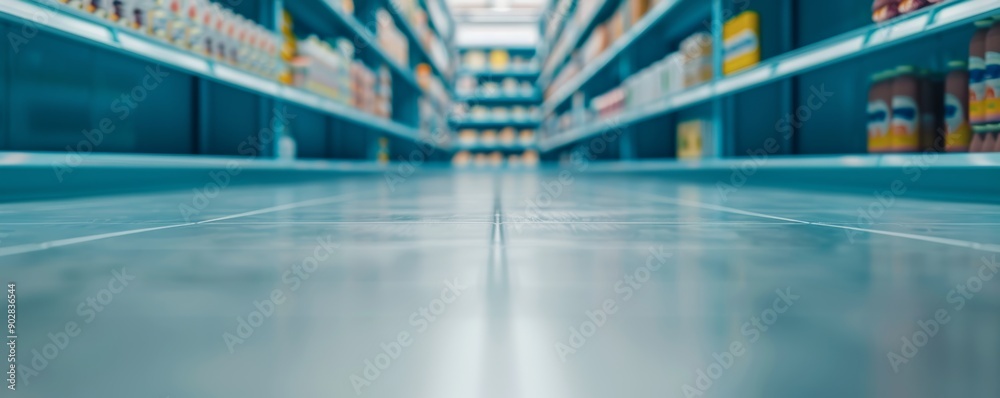 Empty aisle in a supermarket with neatly stocked shelves, creating a ...
