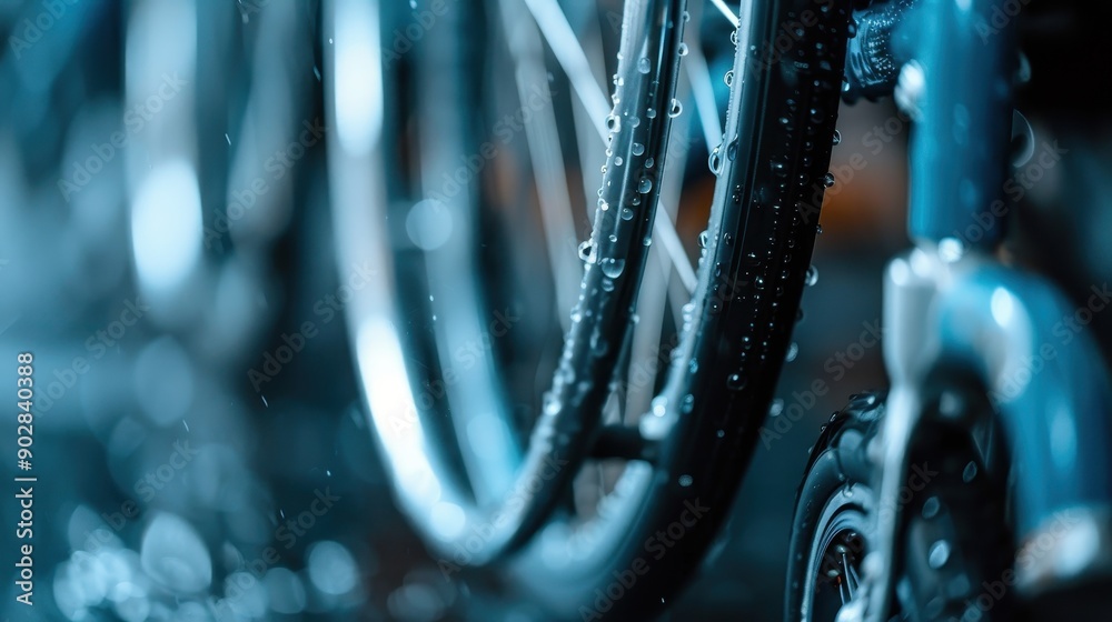 This image shows a close-up shot of multiple bicycle wheels standing in ...