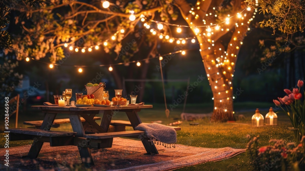 Backyard barbecue party setup with string lights, picnic table, and ...