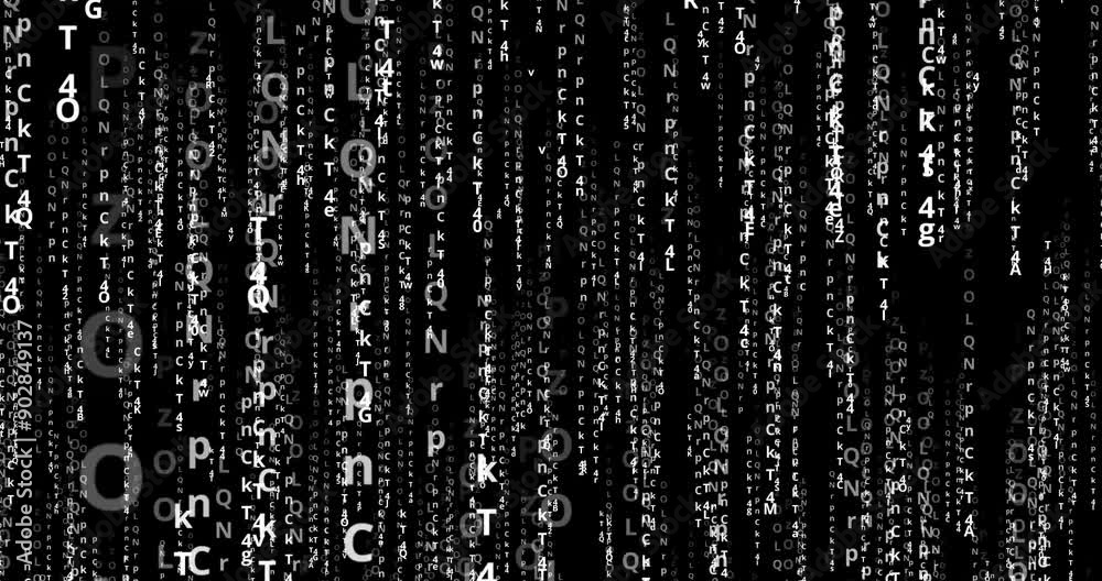 Matrix background: black background with white letters and alphabets ...