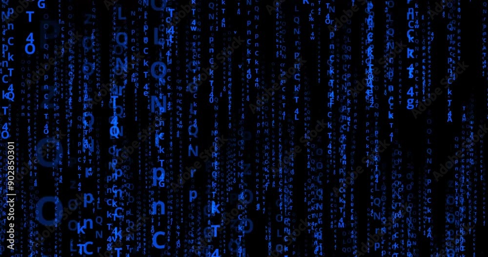Matrix background: black background with blue letters and alphabets ...