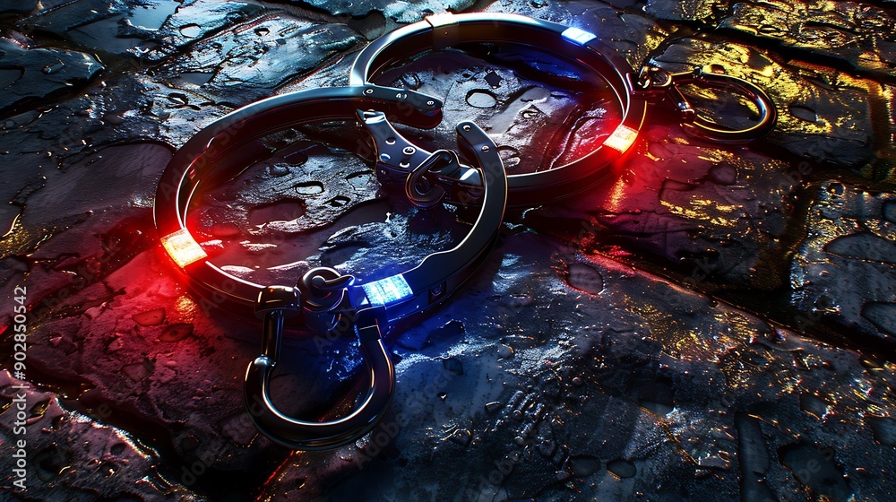 Handcuffs on a stone surface illuminated by flashing lights of a police ...