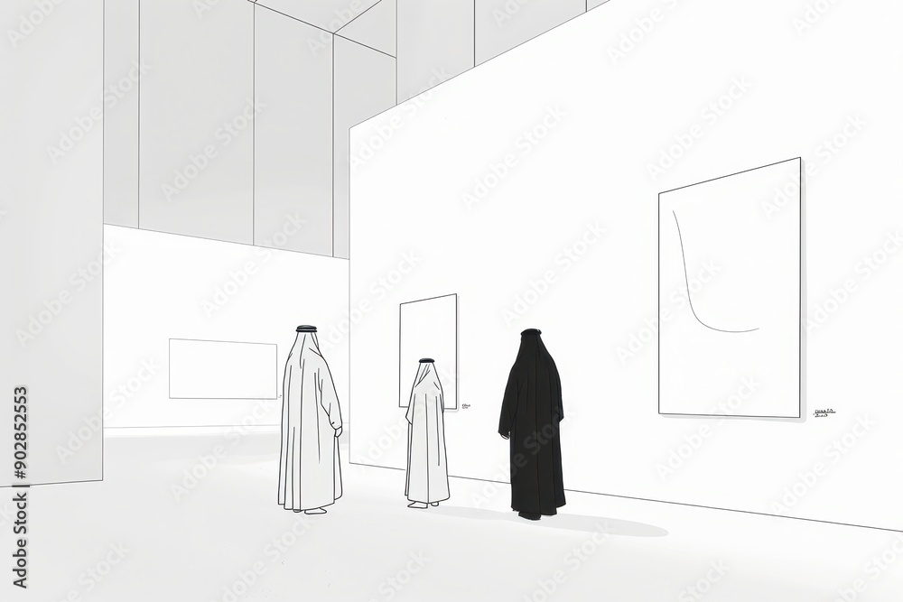 Arab individuals in traditional attire immerse themselves in art at a ...
