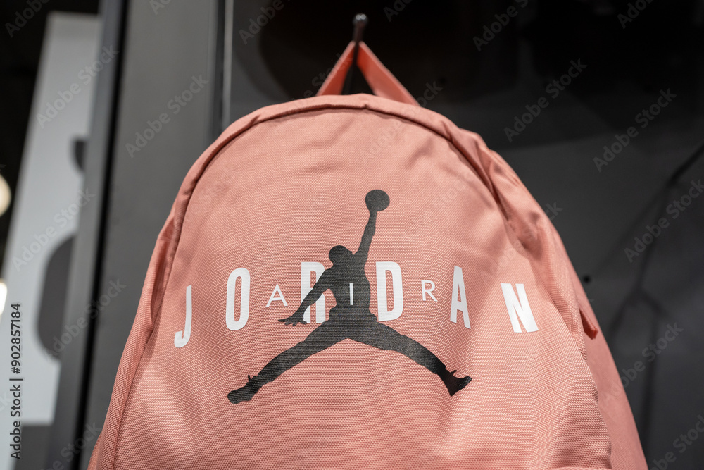 Air Jordan Brand Logo on a sports backpack on display in a Nike store ...