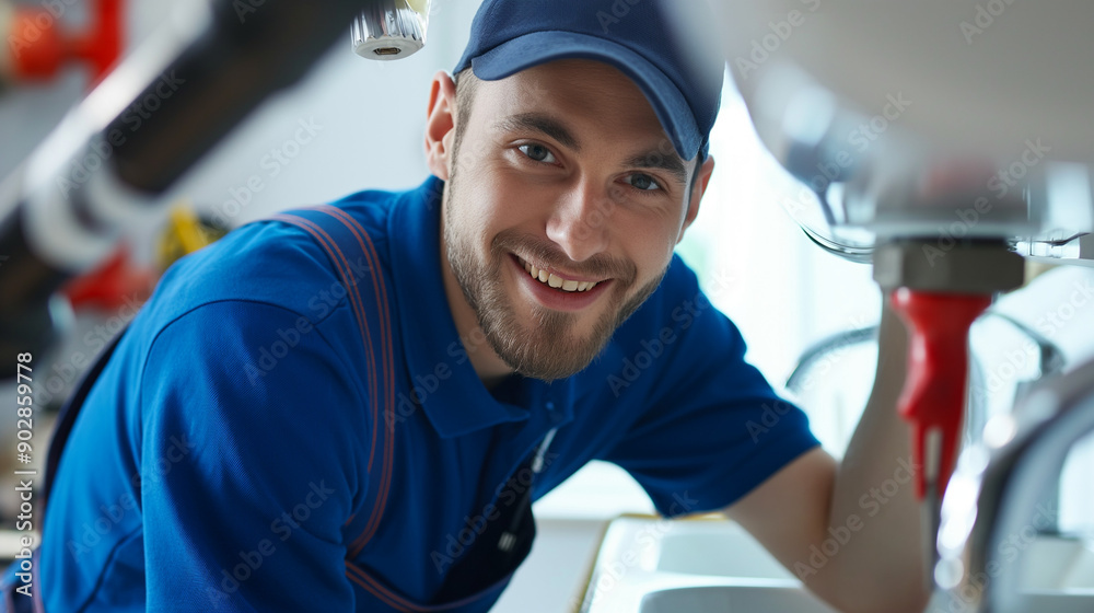 A smiling professional plumber man in blue overalls and cap fixing a ...