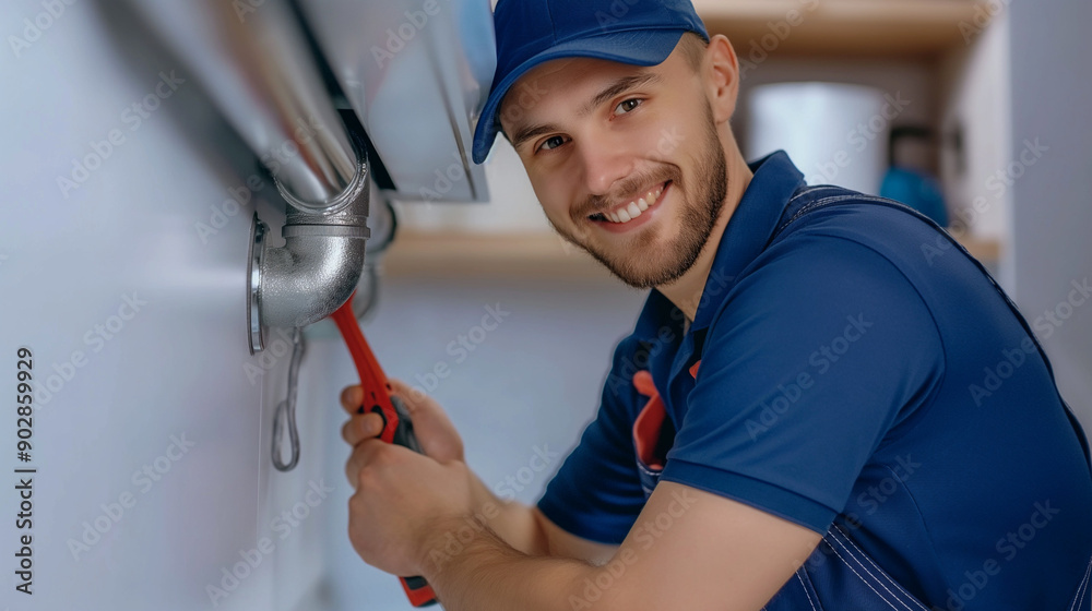 A smiling professional plumber man in blue overalls and cap fixing a ...