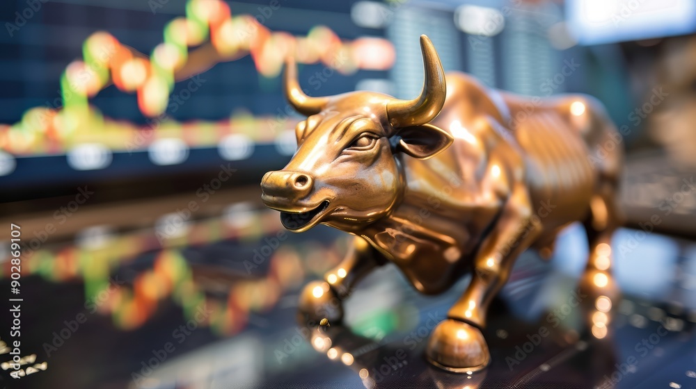 Golden bull figurine standing on a reflective surface with a stock market ticker showing ...