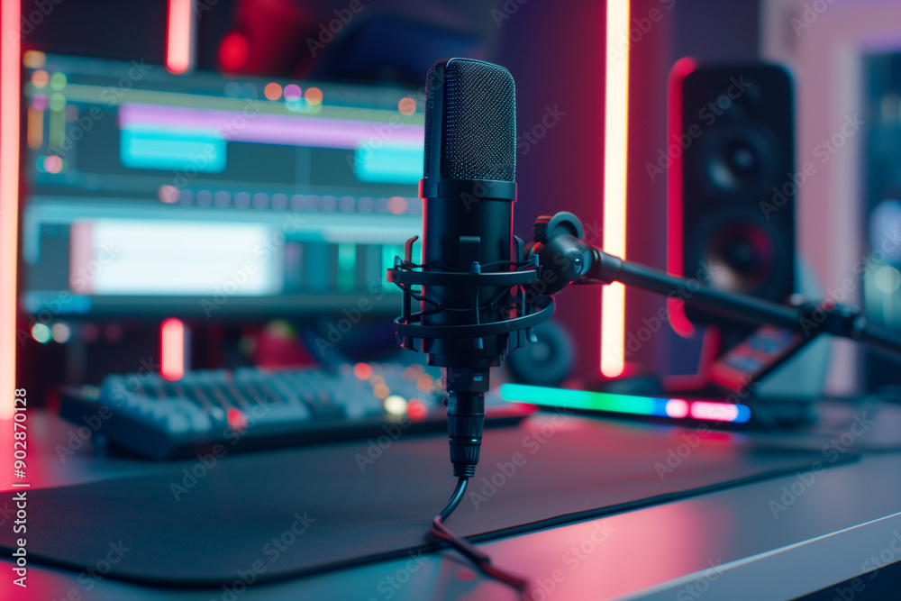 Empty podcast studio interior with no people: media broadcasting room ...