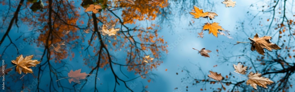 Golden autumn leaves floating on a reflective water surface, mirroring ...