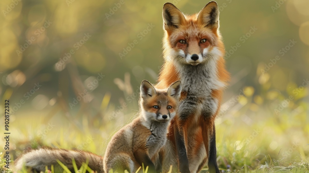 Adult red fox vulpes vulpes and a cub sitting peacefully together on a ...