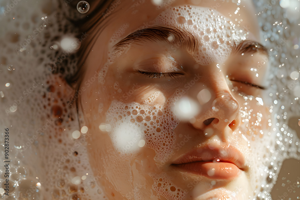 Serene close-up of a woman face with foamy bubbles during a gentle ...
