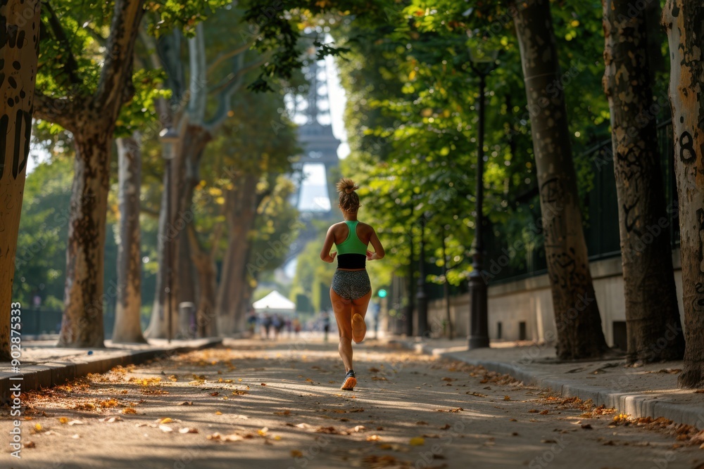 A female athlete running along a tree-lined avenue in Paris, the Eiffel ...