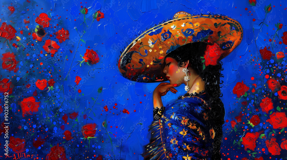A serene and vibrant oil painting of a Mexican woman in a traditional ...