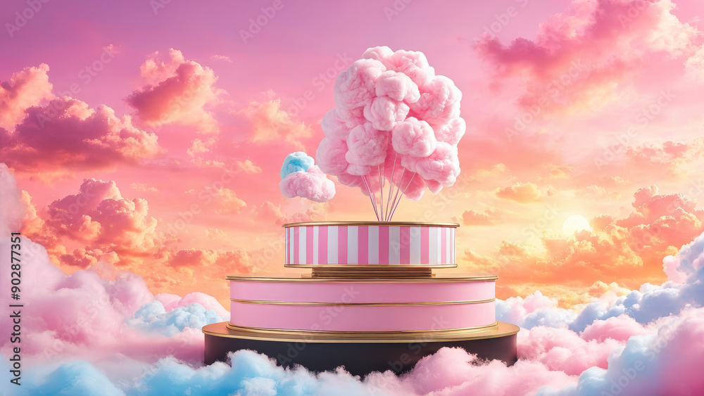 cotton candy product display podium, clouds, product stand with product presentation space out ...
