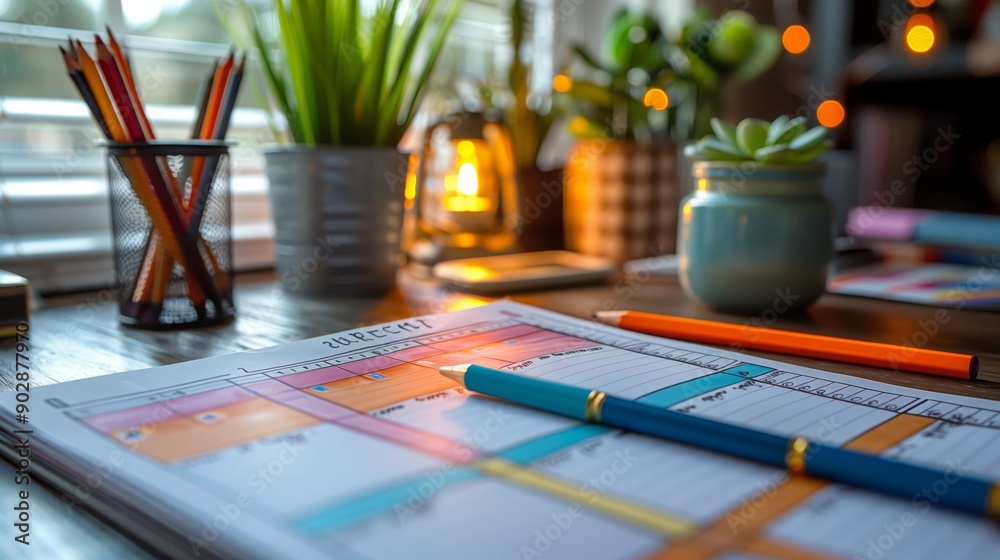 Weekly planner with color-coded subjects on desk with blue pen, orange ...