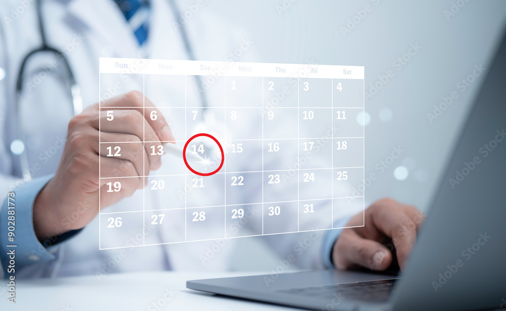Medical worker touch virtual digital calendar on laptop for plan ...