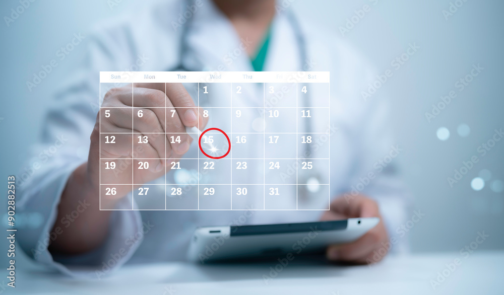 Medical worker touch virtual digital calendar on tablet for plan ...