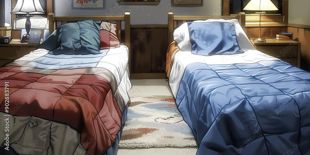 Slumber Party Symmetry: Two twin beds, facing each other, both with ...