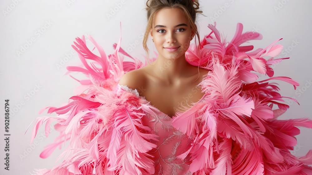 Fashion model in a dress with flamingo feather details, elegant and ...