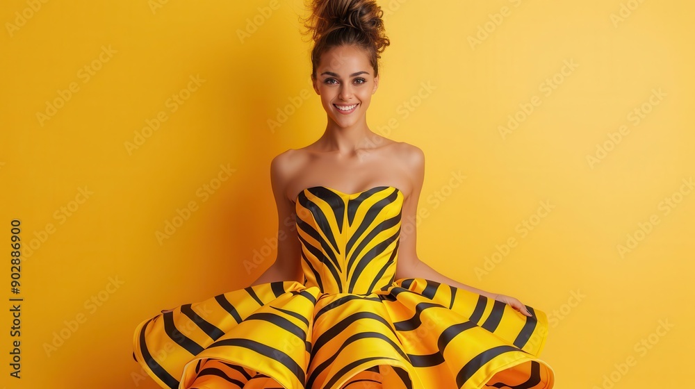 Fashionable woman in a dress with tiger stripe patterns, bold and wild ...