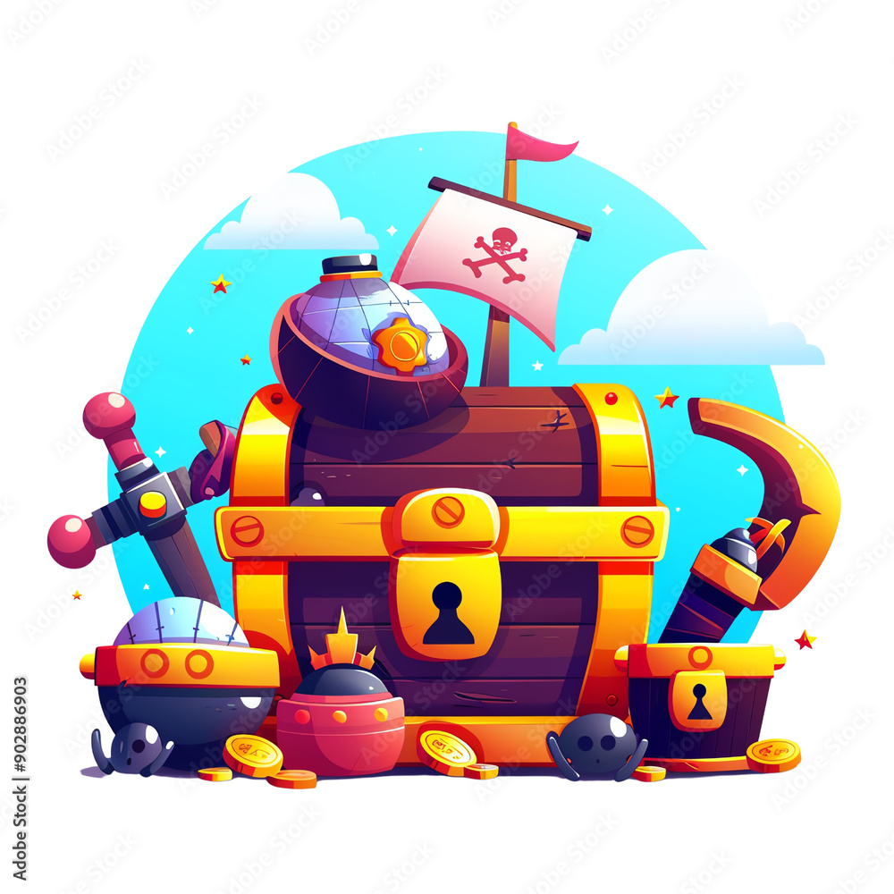 Colorful pirate treasure chest with coins, weapons, and pirate flag ...