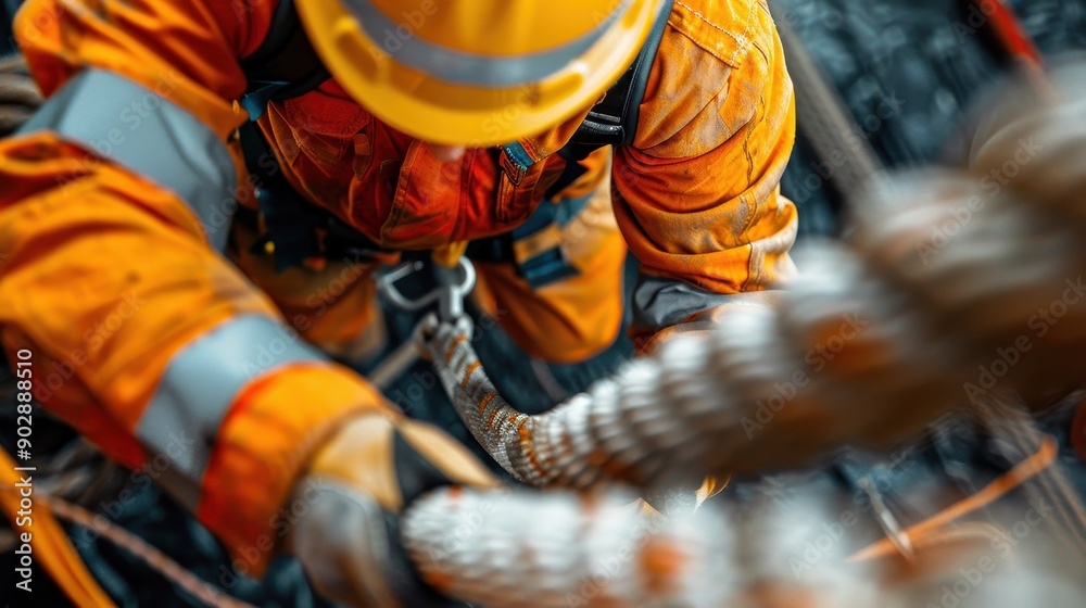 A firefighter, fully equipped with a yellow helmet and orange safety ...