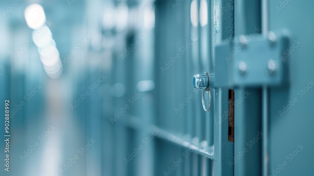 Detailed image showing a close-up of a prison cell door with a padlock ...