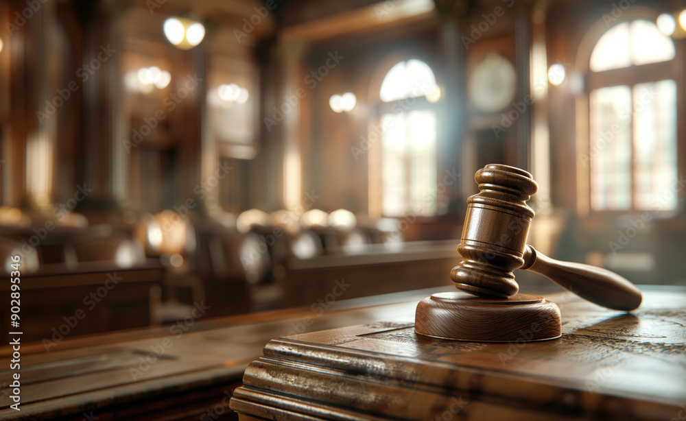 Gavel on a judge's bench in a courtroom with soft lighting. Stock Photo ...