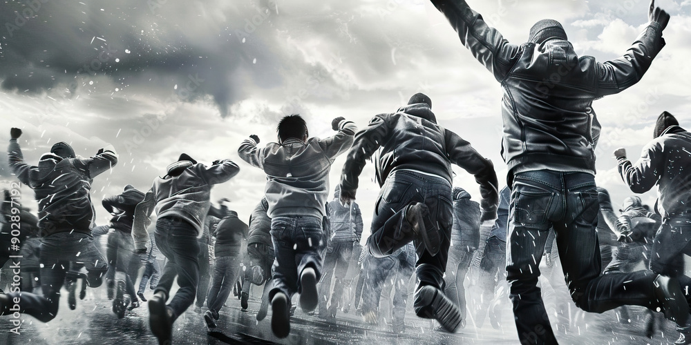 Group Jump of Solidarity: A group of people, arms linked together, mid ...