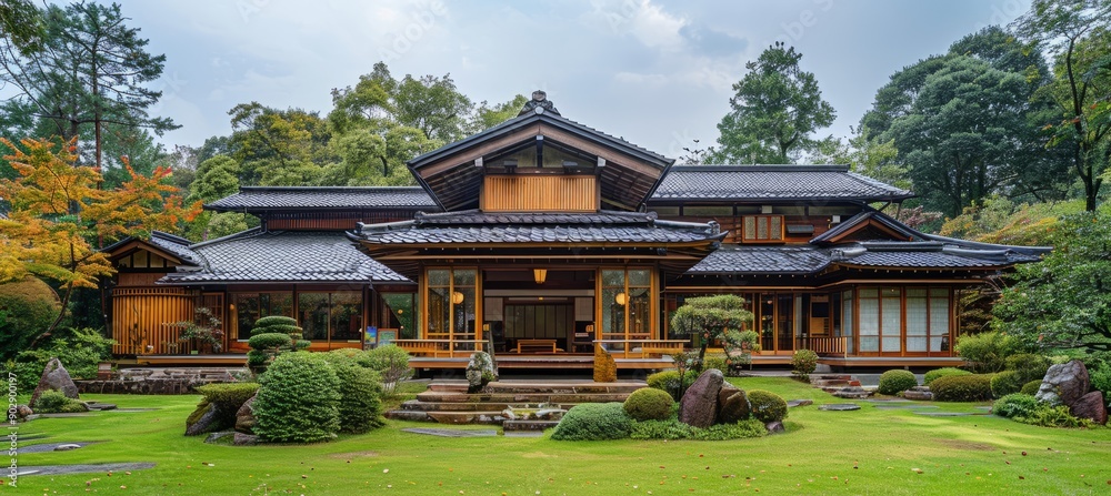 Japanese traditional house building with garden lawn. Generative AI ...