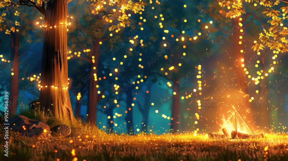 Magical nighttime forest scene with glowing fairy lights wrapped around ...