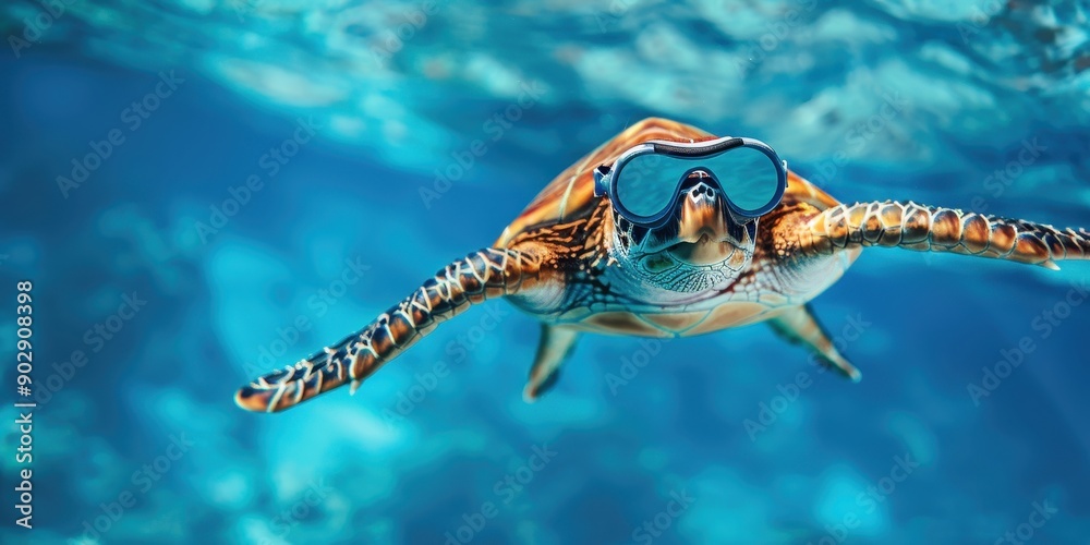 Cute Sea Turtle in Pilot Hat and Goggles Swimming with Copy Space for ...