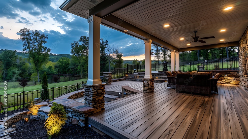 Large deck for entertaining with ceiling fan and overhead lighting ...