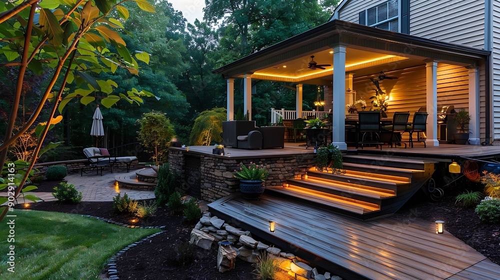 Large deck for entertaining with ceiling fan and overhead lighting ...