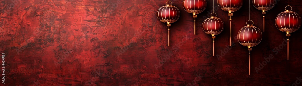 Red traditional Chinese lanterns hanging on textured red background ...