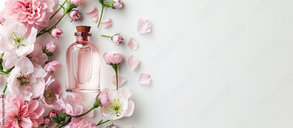 Feminine floral fragrance showcased next to dainty pink blooms on a ...