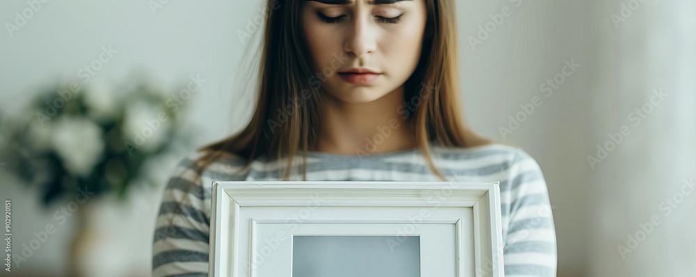 Woman holding a photo frame, eyes closed in pain yet a faint smile of ...