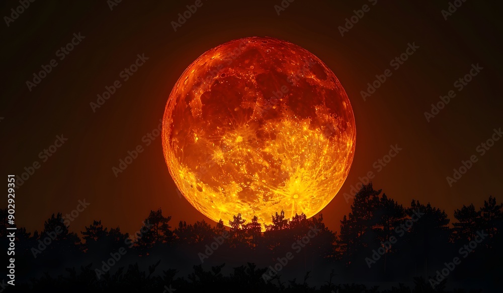 Full red moon in the sky with silhouette of trees, yellow orange light ...