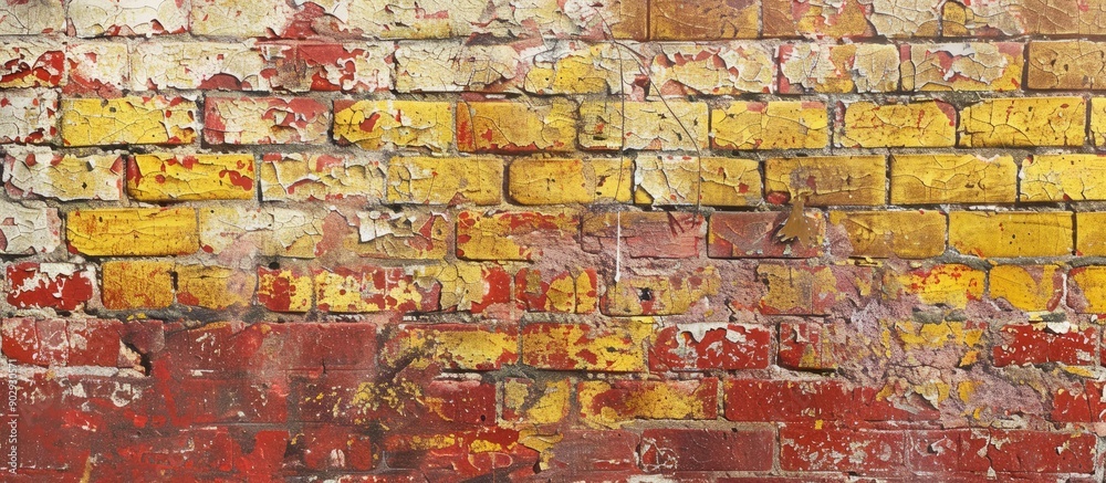 Vintage red and yellow brick wall with a textured weathered surface ...