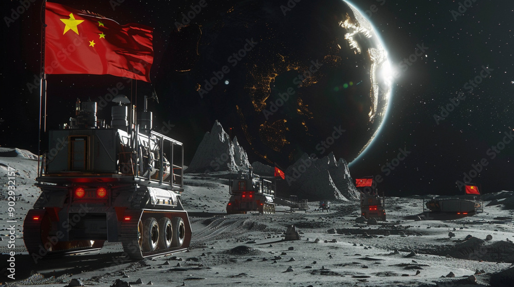 Lunar colonization by China. Large lunar vehicles with Chinese flag and ...