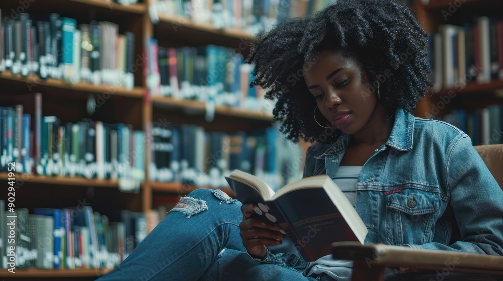 Black lady reading at university, college, or school library. Research ...