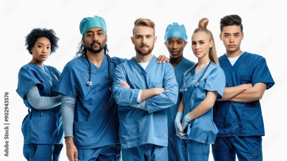 Diverse group of confident team surgeon leading a medical team standing ...