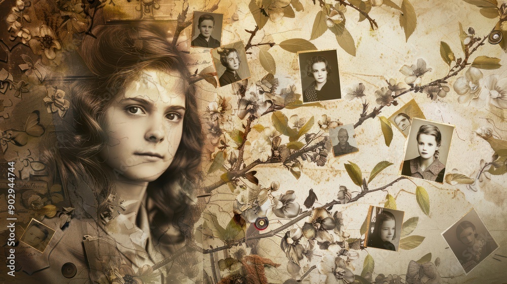 generations connected woman honoring ancestors with family tree of old ...