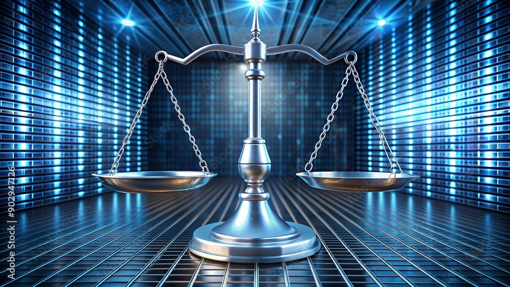 Digital Law Concept: Scales of Justice with Data Center Background ...