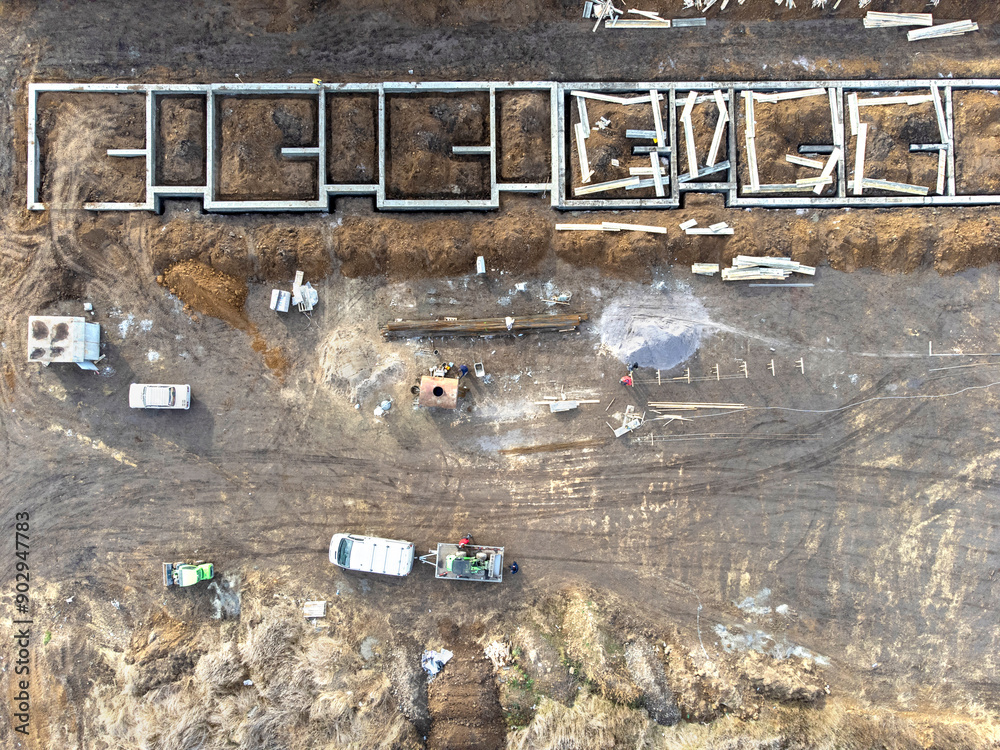 Dug out trench for building works of new house concrete foundation on ...