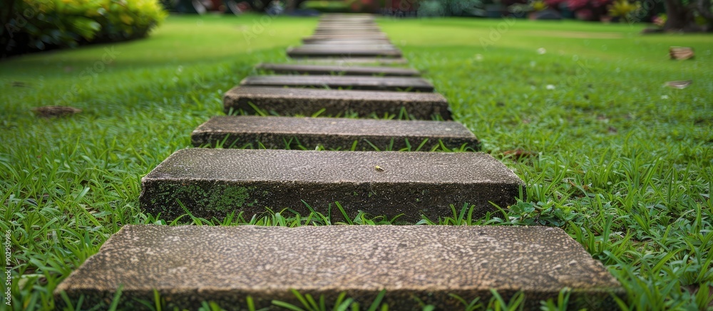 Rectangular concrete stepping stones are arranged in a row on green ...